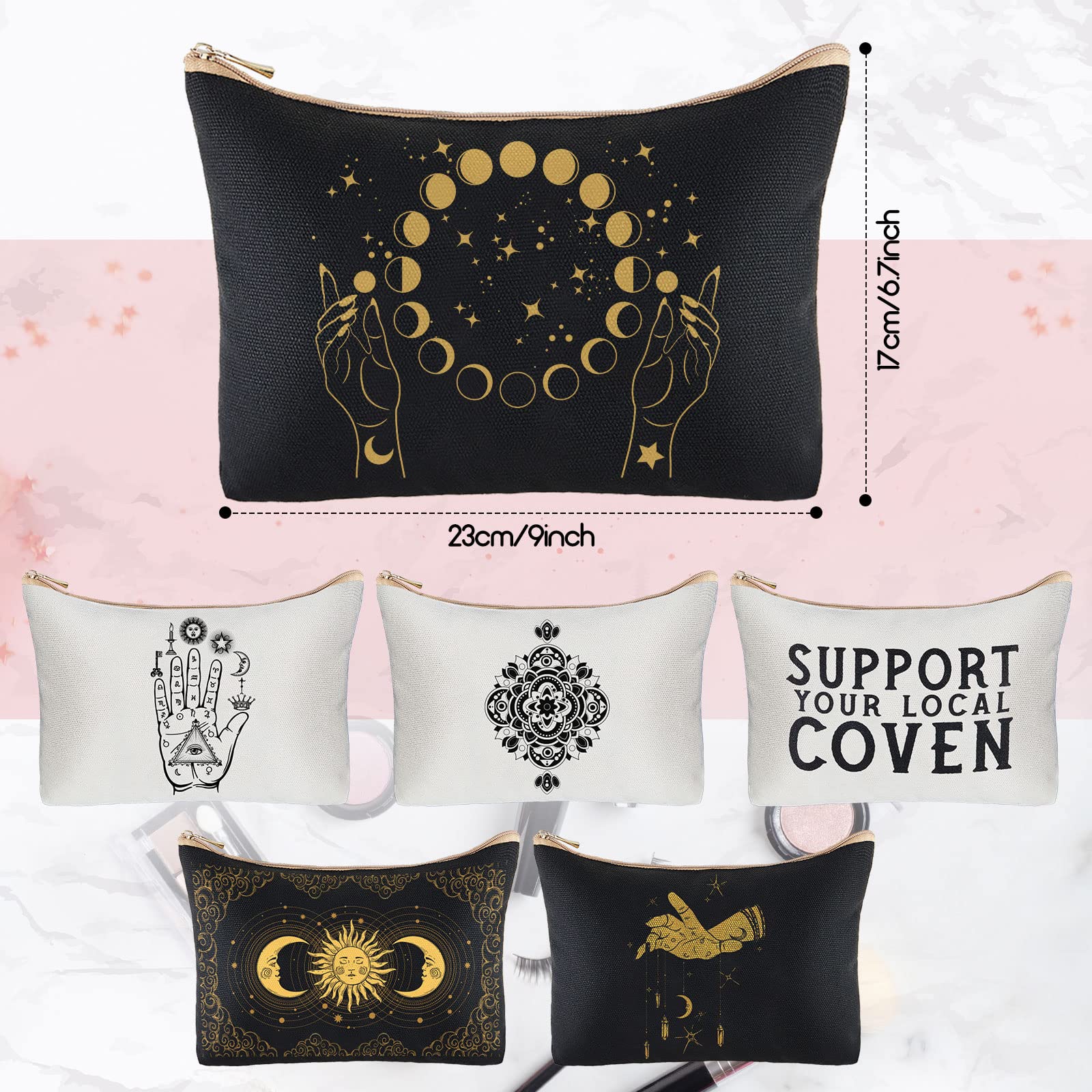 Saintrygo 6 Pcs Witchy Gifts Halloween Tarot Makeup Bag Witch Stuff Tarot Cards Phase Bag Crystals Toiletry Witch Bag Aesthetic Moon Canvas Cosmetic Makeup Bag for Witchcraft Lover Women Witch Coven