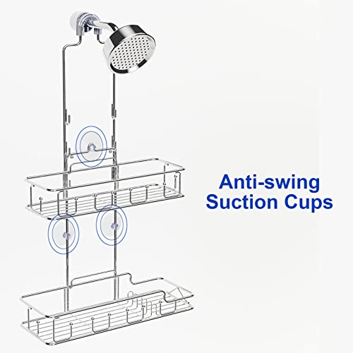 Neahom Adjustable Hanging Shower Caddy Shelf, Hanging Over Shower Head Shower Caddy Bathroom Organizer, Rustproof Storage Shower Rack Holder with Soap Dish and Hooks for Towel, Razor and Sponge Silver