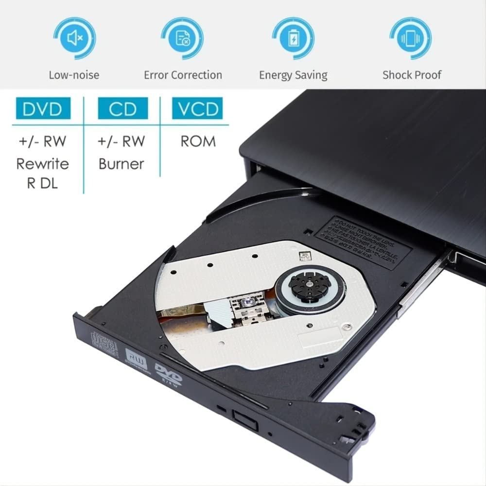 IKURLY External DVD Drive, USB 3.0 Portable CD/DVD +/-RW Drive/DVD Player for Laptop CD ROM Burner Compatible with Laptop Desktop PC Windows Linux OS Apple Mac Black