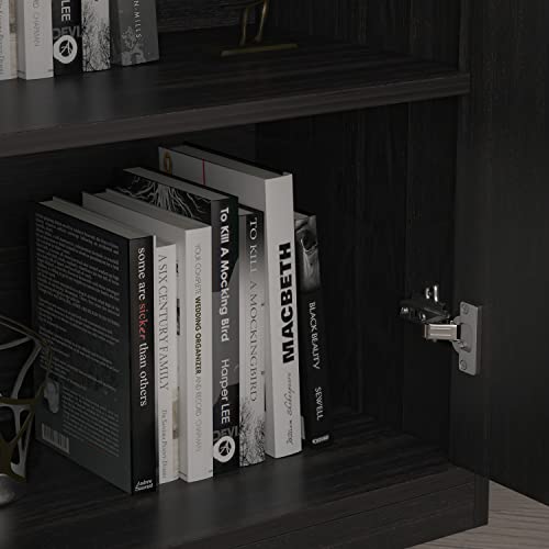 Homsee Tall Bookcase Bookshelf with 3 Tier Open Shelves, 1 Drawer and 2 Doors, Wooden Display Storage Cabinet for Home Office, Living Room, Black and Brown
