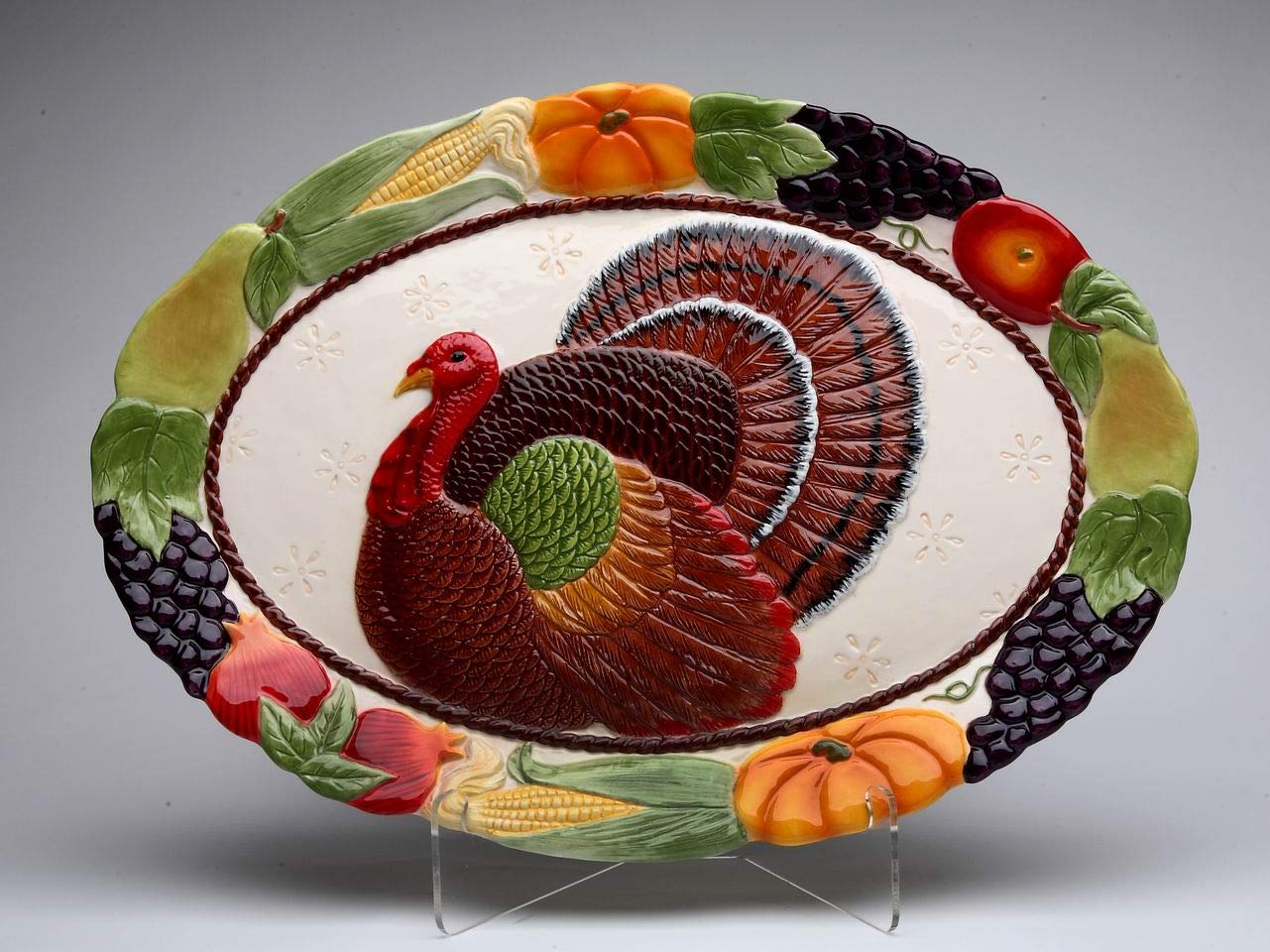 Fine Ceramic Thanksgiving Harvest Turkey with Pumpkin, Corn, Grapes, Apple & Pear Designs Platter, 12-3/4" * 18"