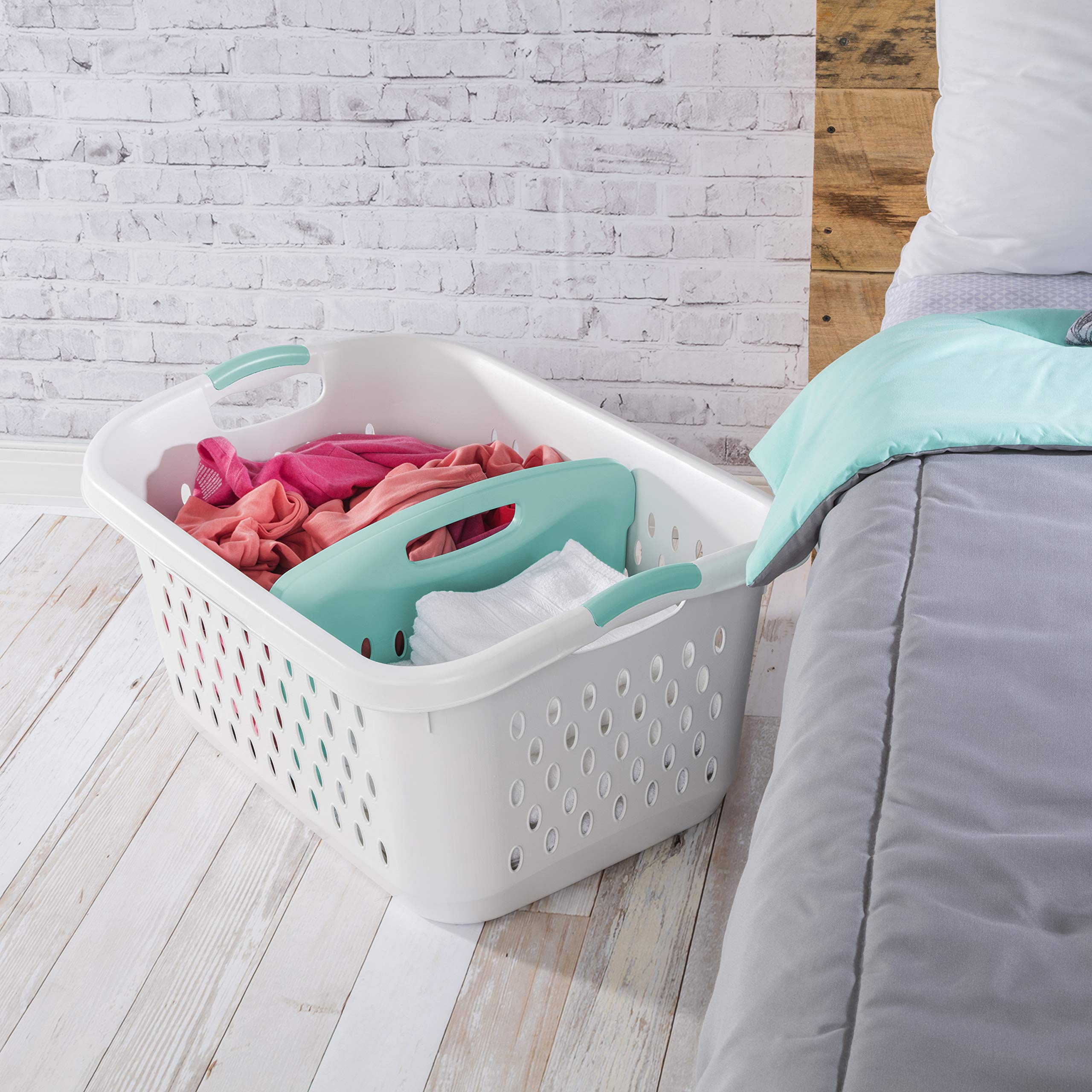 Sterilite 12138004 Laundry Basket 2.2 Bushel White Aqua Chrome Handles/Divider (Pack of 4)