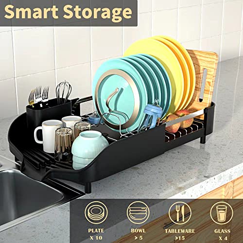 Dish Drying Rack, Expandable Dish Rack for Kitchen Counter(14'' to 20") Auto-Drain Stainless Steel Cutlery Rack and Utensil Holder, Kitchen Dish Drainer Rack - Black