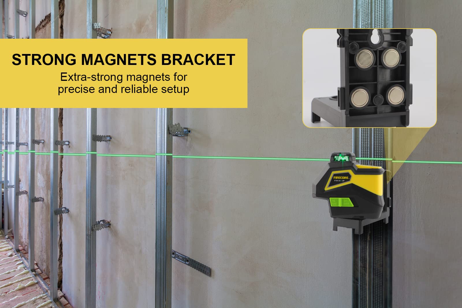 Firecore Green Laser Level Self Leveling 360 Degree Horizontal Cross Line Laser Level with Plumb Dots Laser Tool and Adjustable Brightness Technology - Magnetic Bracket Included (F191-XG-2P)