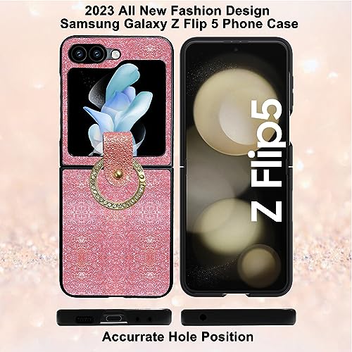 Z Flip 5 Case with Ring, Cute Glitter Bling Slim Leather Galaxy Z Flip 5 Phone Case for Women Girls, Sparkly Rhinestone Diamond Ring Holder Protective Case for Samsung Galaxy Z Flip 5 5G 2023 (Black)