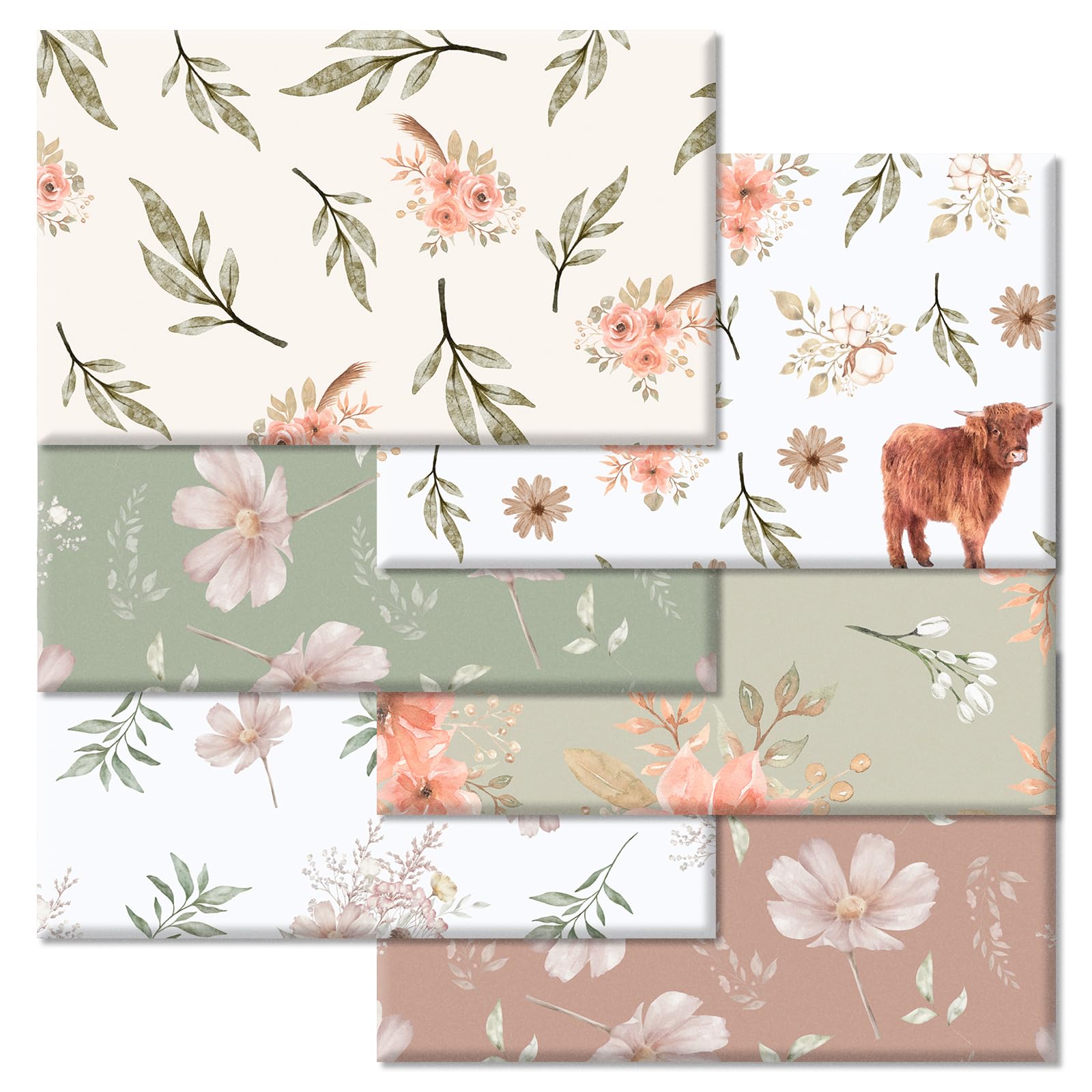 JarThenaAMCS 6Pcs Highland Cow Cotton Fabric Bundles Watercolor Flower Leaf Fat Quarters Cow Flower Sewing Fabrics for DIY Crafts Party Decor