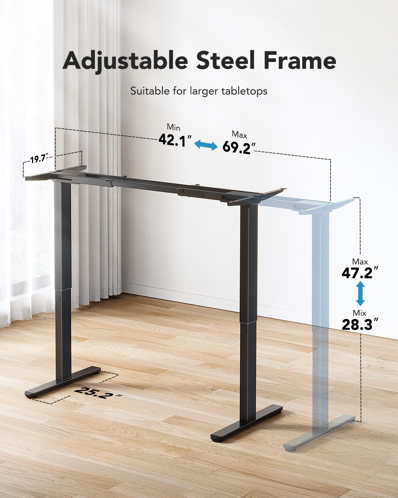 HUANUO 265 lbs Dual Motor Electric Standing Desk Frame, Thick T-Shaped Desk Legs Made of Automotive-Grade Steel, for Max 90″ x 31.5″ Desktop, Height Adjustable Desk Frame for Home Office, Frame Only