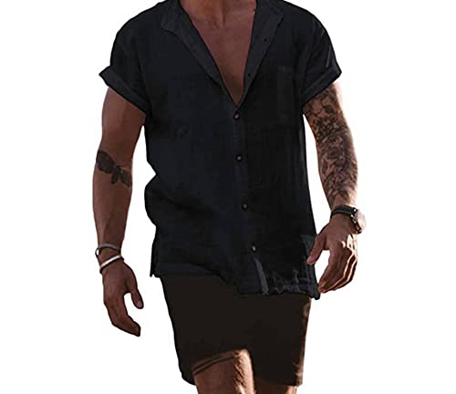 MBETA Cotton and Linen Solid Color Cardigan Loose Short Sleeve Shirt Suitable for Summer Menswear