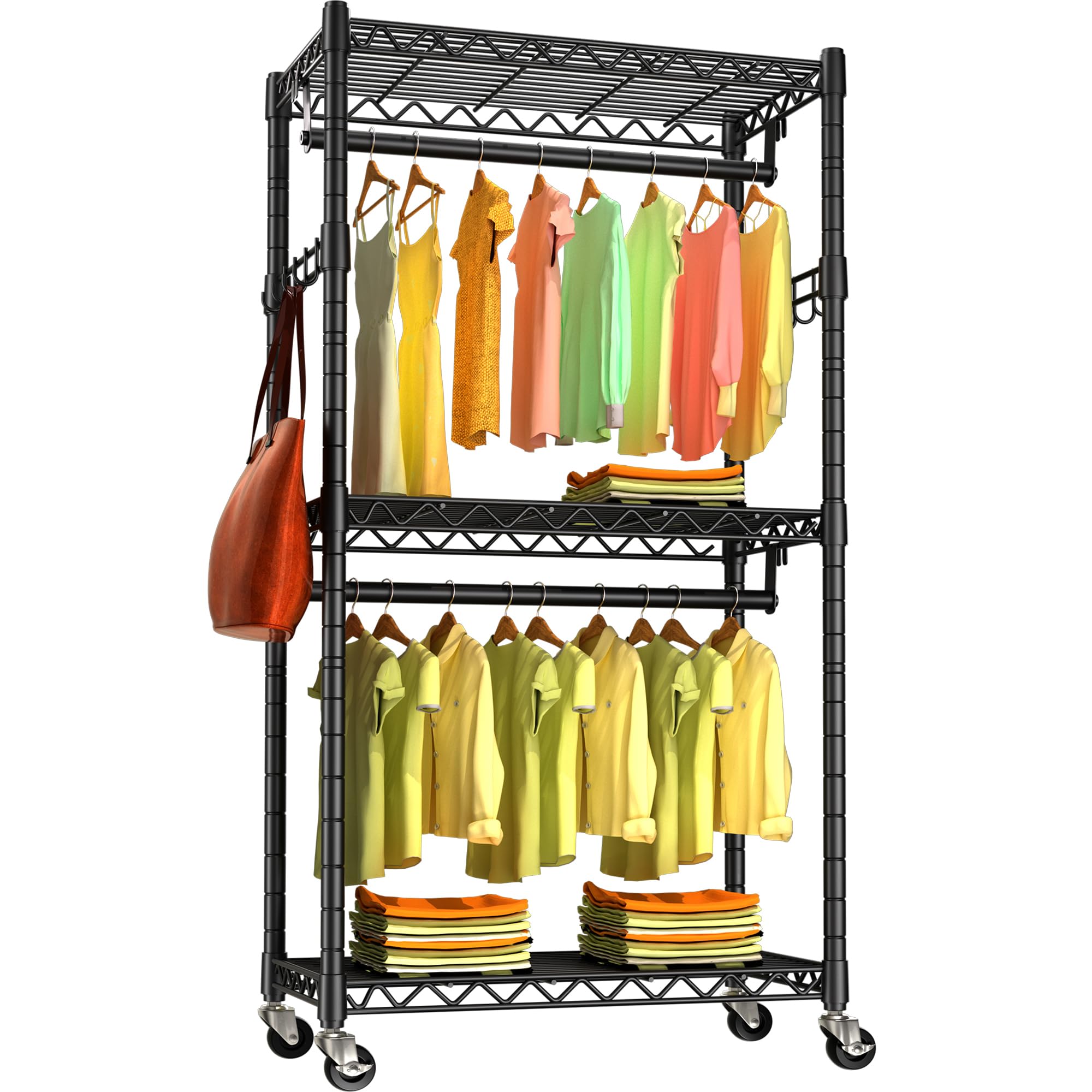 GIOTORENT G11 Heavy Duty Rolling Garment Rack, 3 Tier Metal Clothes Rack with Rod & Hooks, Freestanding Wardrobe Clothing Storage Rack, Portable Closet Organizer Rack, Max Load 450 LBS, Black