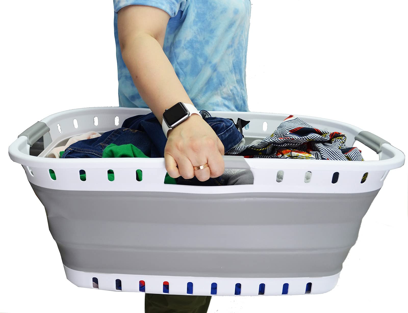 SAMMART 44L Collapsible Plastic Laundry Basket - Foldable Pop Up Storage Container/Organizer - Portable Washing Tub - Space Saving Hamper/Basket (1, White/Grey), Size: 25.4 x 17.3 x 10.2 inches