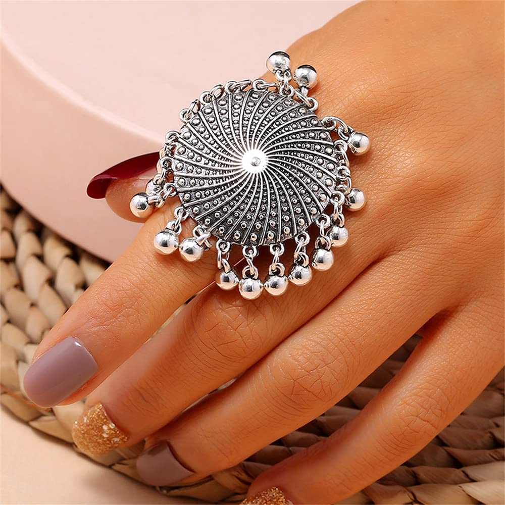 Dtja Boho Big Teardrop Statement Ring for Women Vintage Tassel Ball Bead Adjustable Open Band Cocktail Party Ring Comfort Fit Gypsy Indian Bollywood Peacock Tail Exaggerated Jewelry (Silver)