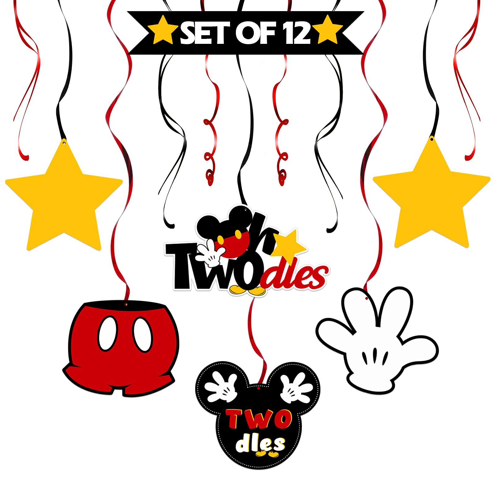 LINGTEER Mickey Oh Twodles Birthday Swirls Streamers - Cheers to Boys 2nd Birthday Kids Two Years Old Mouse Bday Party Hanging Decorations.