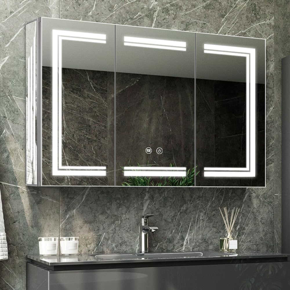Janboe Large Medicine Cabinet with Lights,Aluminum Mirror Cabinet,Glass Shelf Illumination,USB Shaver Socket,3 Colors,Dimmable,Demister,48×32inch