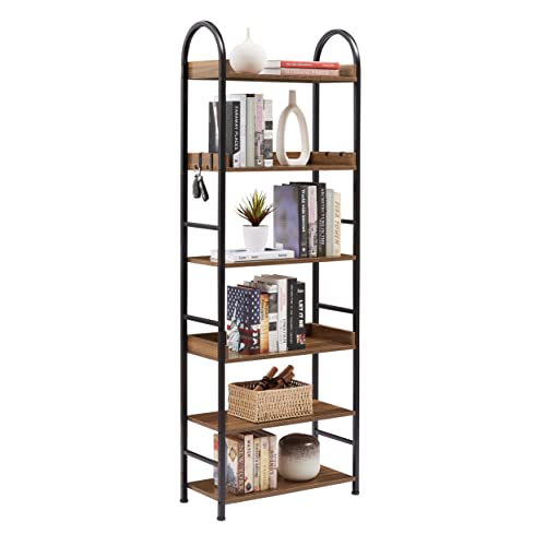 Merax 6 -Tier Tall Bookshelf Bookcase, Open Industrial Open Storage and Display Shelves with Hooks