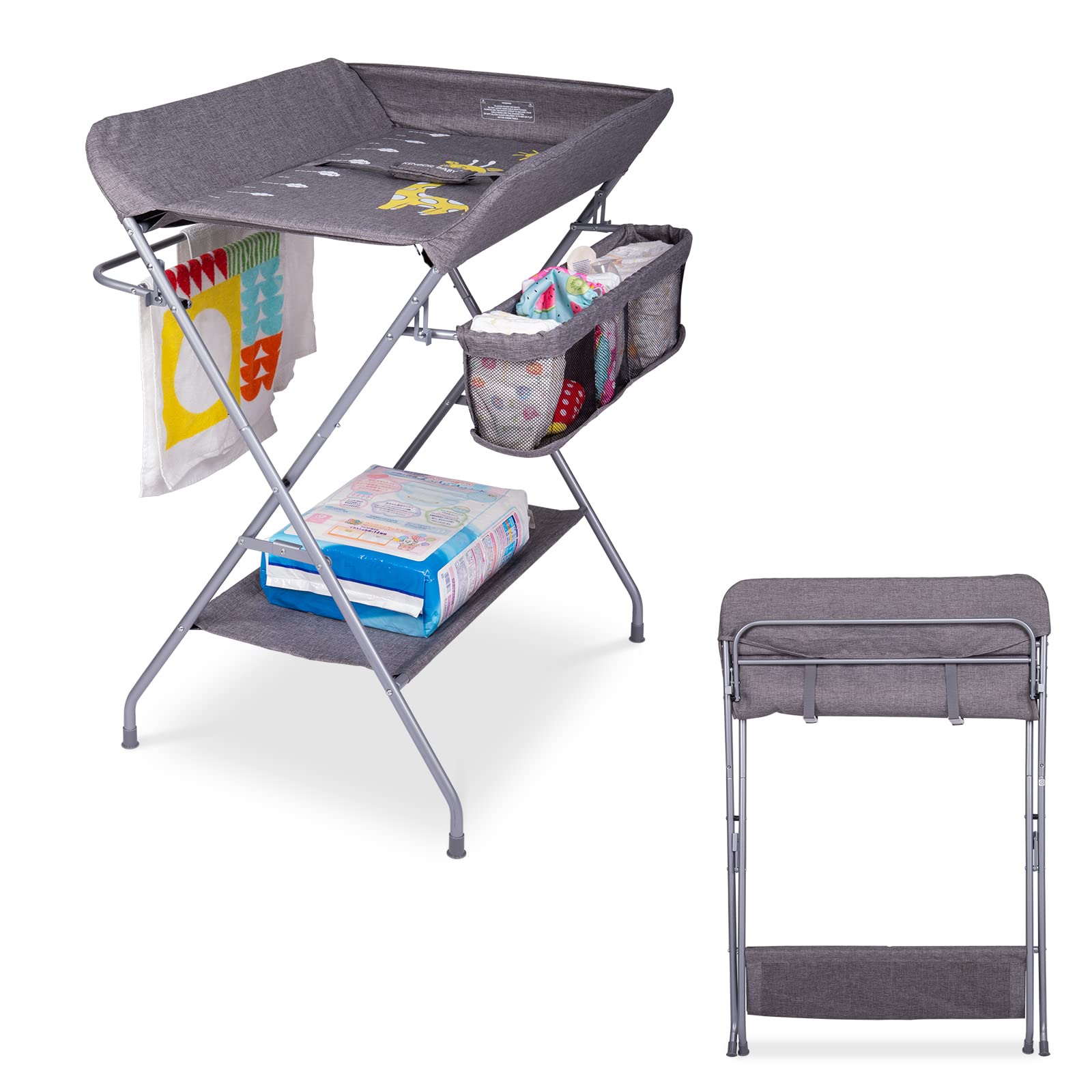 Infant Portable Changing Table - Diaper Station Nursery Organizer with Safe Belt Storage Space, Nursery Furniture Baby Changing Station, Grey