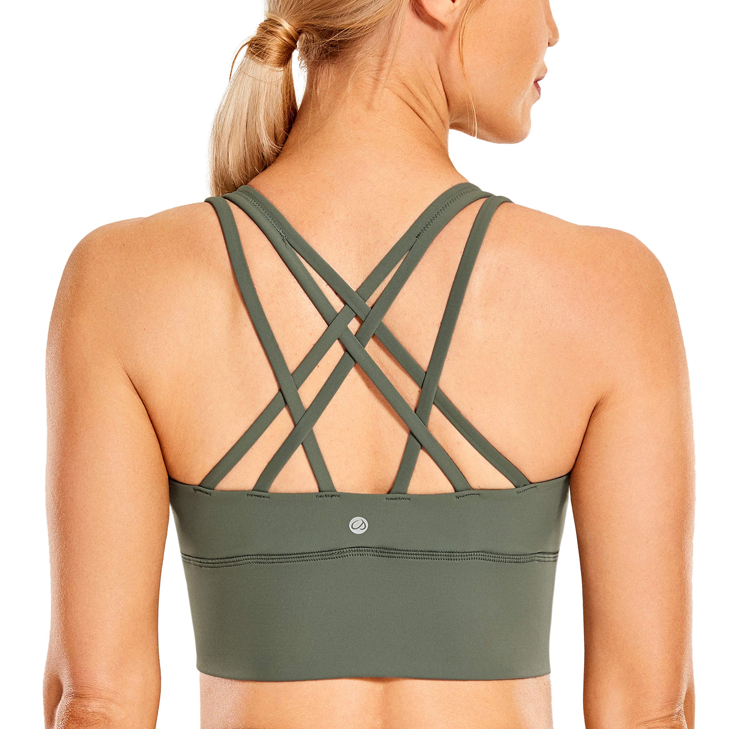 CRZ YOGA Women's Strappy Longline Sports Bras - Wirefree Padded Medium Impact Workout Crop Tank Top Grey Sage Large