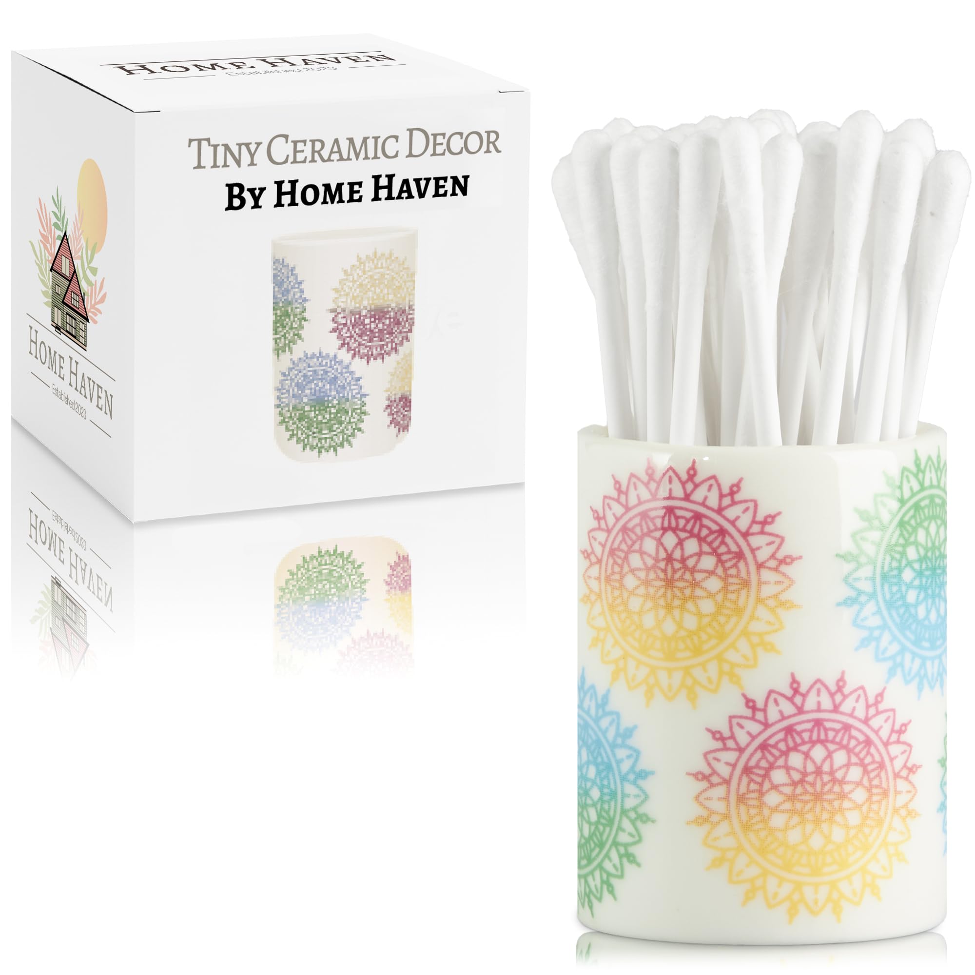 Home Haven Qtip Holder - Boho Mandelas Design - Q Tip Holder for Bathroom, Floss Pick Holder, Cotton Swab Holder, Bathroom Sink Decor, Flosser Holder, Bathroom Vanity Decor, Cute Bathroom Decor