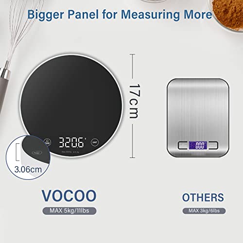 VOCOO Food Kitchen Scale Digital - 5KG/11lb Max Weight with 5 Units Grams Ounces Pounds, Clear LED Display and Tare Function, Food Scale for Cooking Baking Meat Weighing (White)