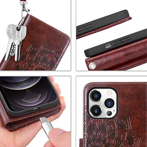 Vofolen for iPhone 12 Pro Max Case Credit Card Holder Wallet Cover 2-in-1 Slot Women Girl Detachable Strap Protective Slim Hard Shell Magnetic Leather Folio Pocket Flip Case Mandala Brown