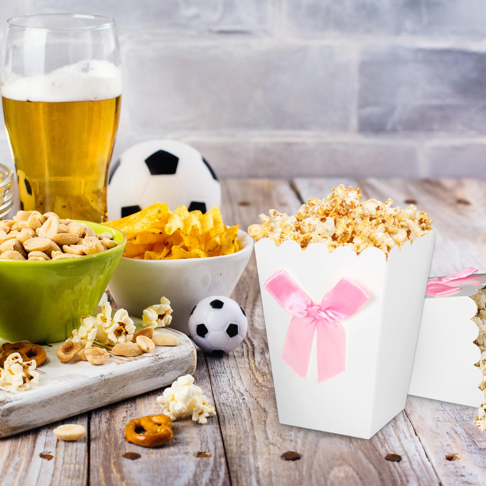 JarThenaAMCS 36Pcs Mini Popcorn Boxes White Popcorn Buckets with Pink Bow Paper Candy Favor Boxes Popcorn Treat Boxes for Movie Night Party Supplies, 4.2 x 3 x 2.2 Inch