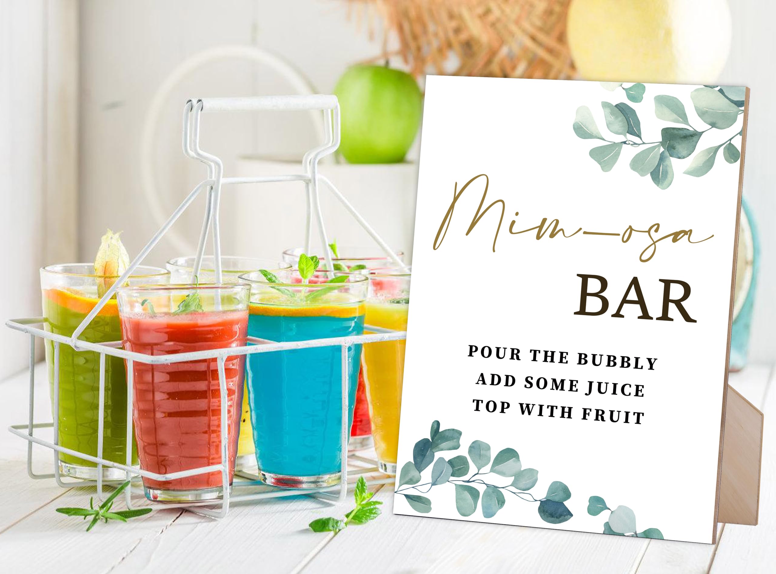Greenery Eucalyptus Mimosa Bar Sign,Eucalyptus Mimosa Bar Decor,for Wedding Reception & Event Party,Table Centerpieces for Party Event,Bridal Shower Decor,Wedding Party Sign,Wood Signage With Stand,22