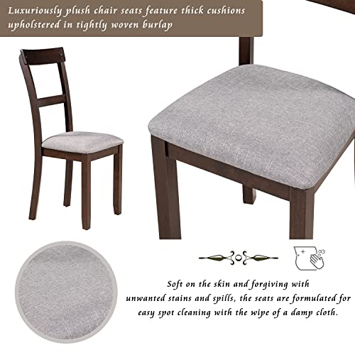 RUNWON 5-Piece Rustic Farmhouse Wood Kitchen Dining Table Set for 4 with Upholstered Chairs, Espresso+Gray