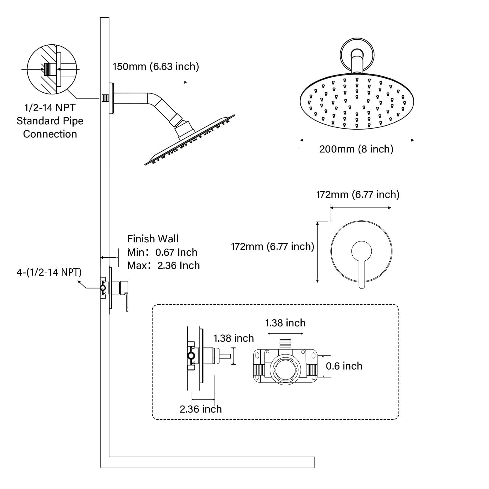 HUCKLE Shower Faucet Set with Shower Head, 8-Inch Black Shower Faucet with Valve, Single-Handle Rainfall Shower Head, Matte Black Shower Head for Bathroom