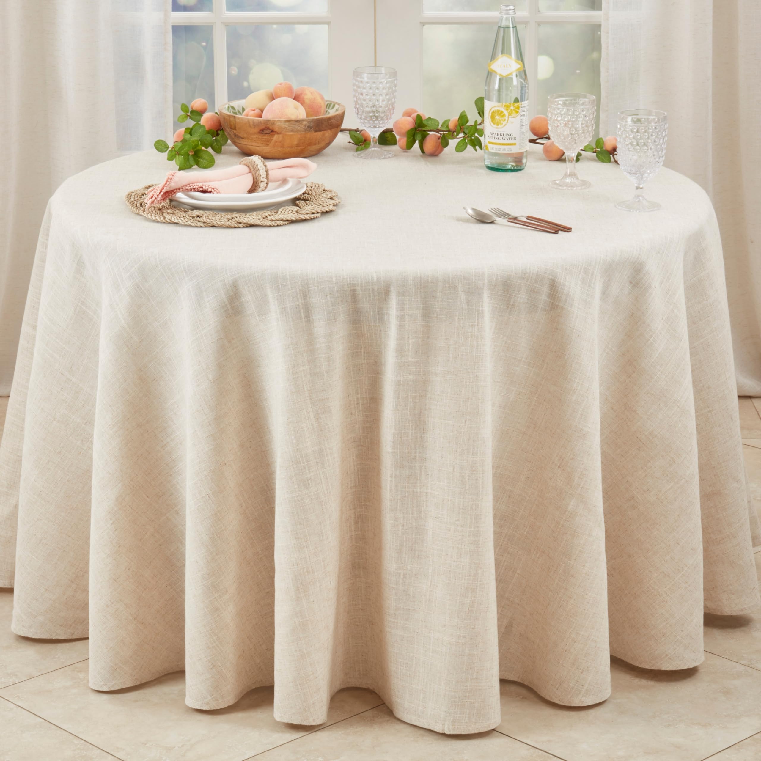 SARO LIFESTYLE Poly and Linen Blend Toscana Tablecloth with No Hemstitch Border, Natural, 90"