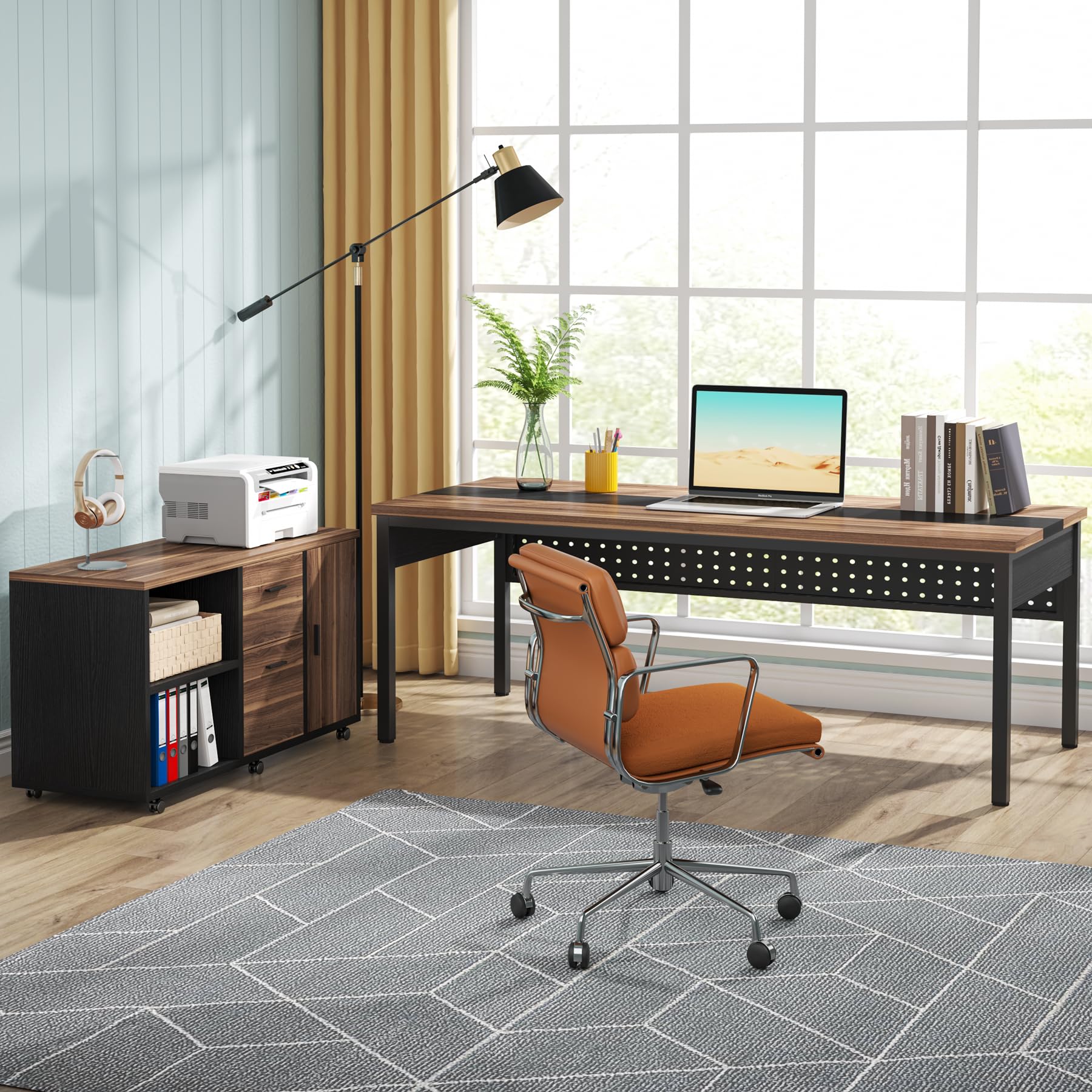 LITTLE TREE 70.8" Executive Desk with Lateral File Cabinet, Modern Thickened Wooden Workstation L-Shaped Computer Desk Large Home Office Writing Desk for Home Office