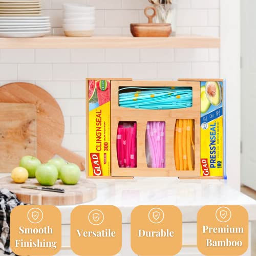 Zaytun Drawer Organizer for Ziplock Bags and Foil | Expandable & Englrarged 6-IN-1 Zip Lock Bag Organizer For Drawer & Foil And Plastic Wrap Dispenser With Cutter for Kitchen Organization and Storage