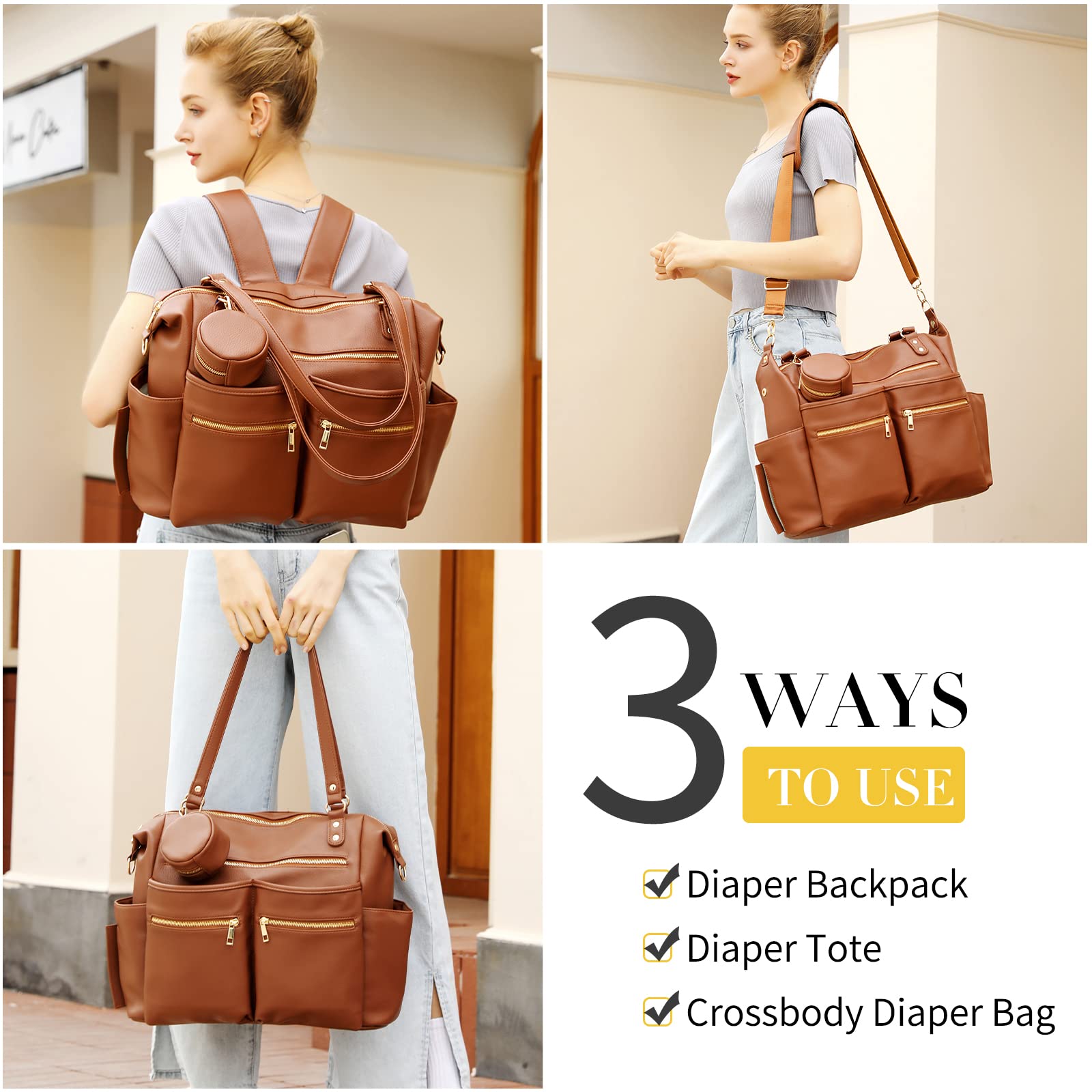 GITIBAB Diaper Bag Tote Leather Diaper Backpack for Parents Baby Registry Search Tote Bag Large Baby Diaper Bag with Changing Mat & Stroller Straps & Pacifier Case