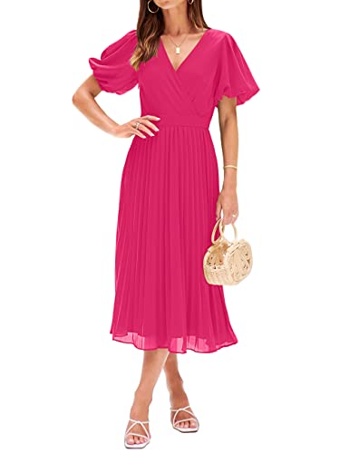 MEROKEETY Summer Dress for Women 2023 Wrap V Neck Bubble Sleeve Pleated Party Midi Dresses,HotPink,S