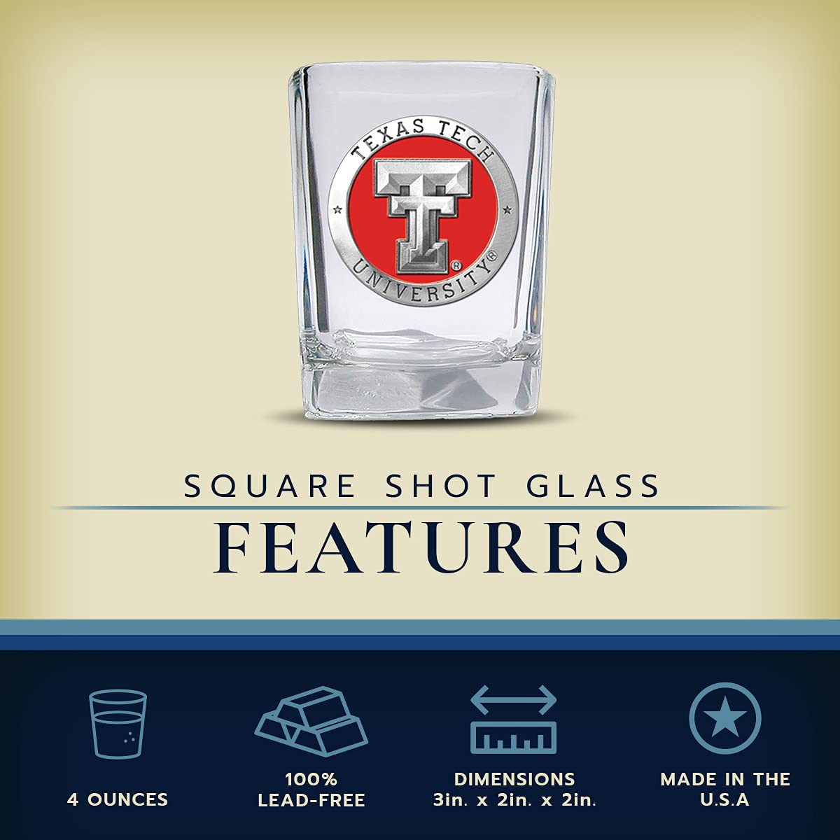 Heritage Pewter Texas Tech Square Shot Glass | Hand-Sculpted 1.5 Ounce Shot Glass | Intricately Crafted Metal Pewter Alma Mater Inlay
