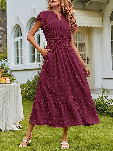 MEROKEETY Summer Short Sleeve Vneck Wedding Dress Swiss Dot Flowy A Line Tiered Maxi Dresses Burgundy Medium