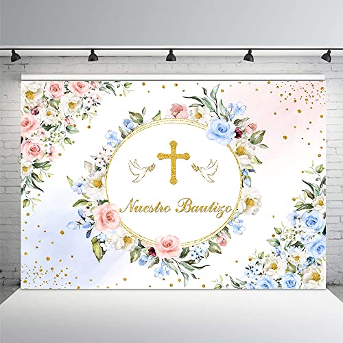 MEHOFOND 7x5ft Nuestro Bautizo Backdrop for Boys and Girls Pastel Pink Blue Floral Baptism First Holy Communion Photography Background Gold Cross Peace Doves Christening Photo Banner