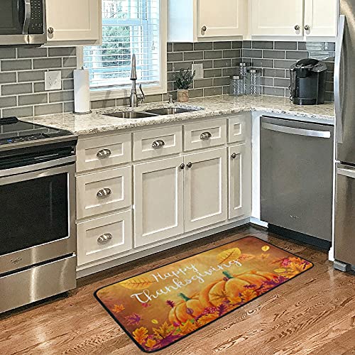 Thanksgiving Rug Kitchen Rugs Runner Happy Thanksgiving with Pumpkin Autumn Leaves Doormat Bath Rugs Mat Non Slip Area Rugs for Bathroom Kitchen Indoor 39" X 20"