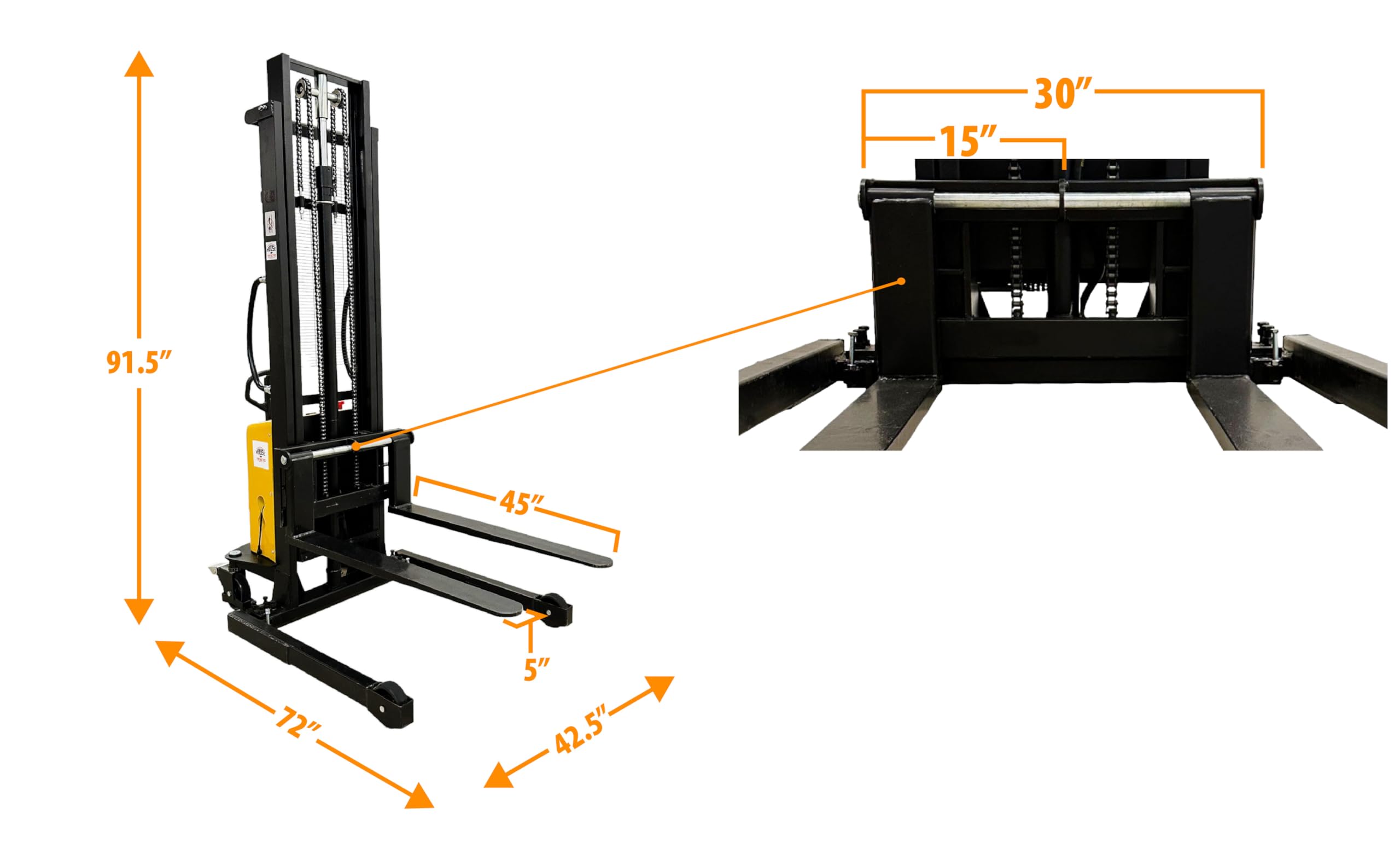 HOC EMS1535W SEMI Electric Wide Leg Pallet Stacker 3307 LBS 1500 KG Load Capacity + 138 INCH Height Capacity + Adjustable Frame Legs - North American Made