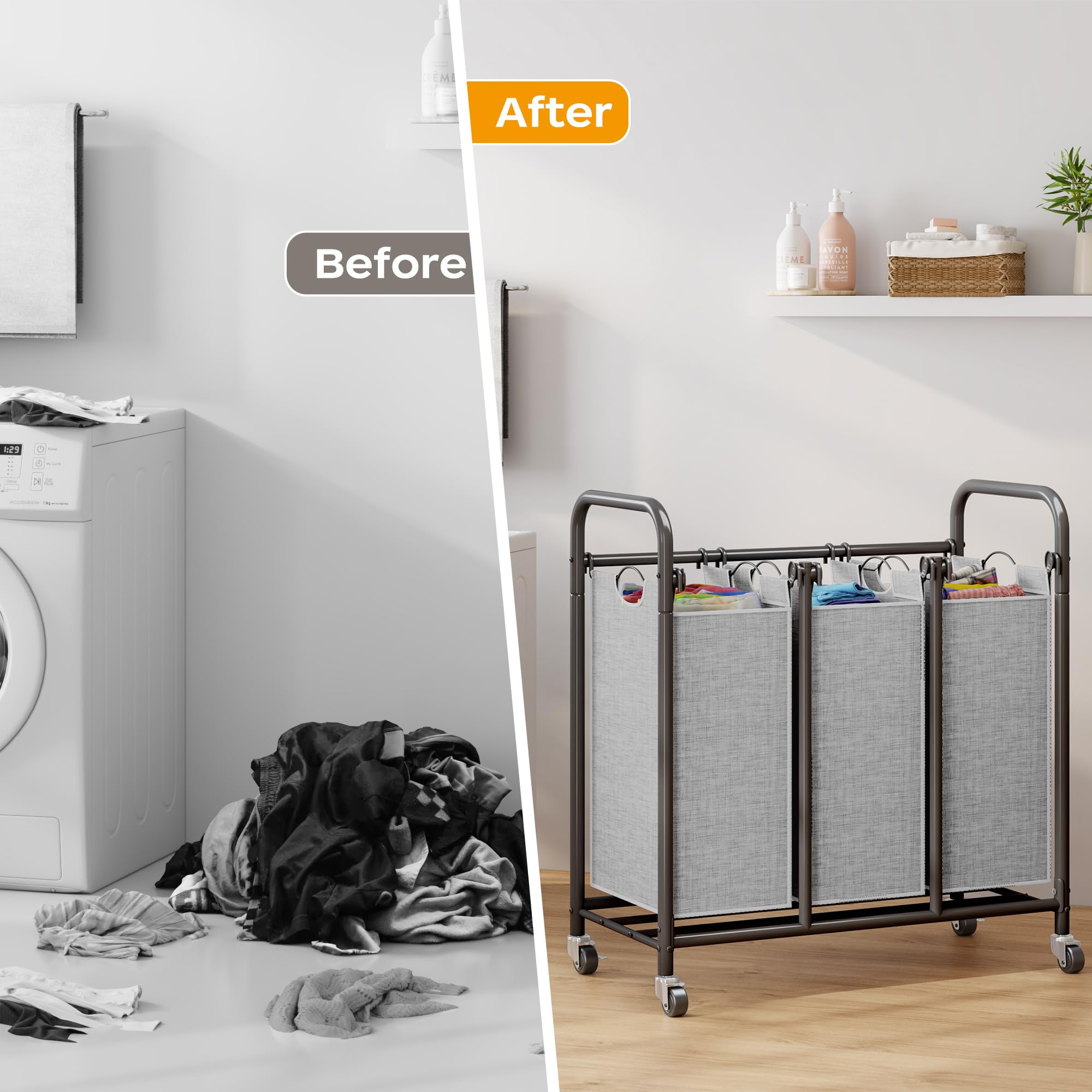 HOMEIJU 3-Bag Laundry Sorter, Laundry Hamper Cart with Heavy Duty Rolling Lockable Wheels and Removable Bags, Laundry Organizer Basket Clothes Separator Hamper, Grey, Large, KJ3009