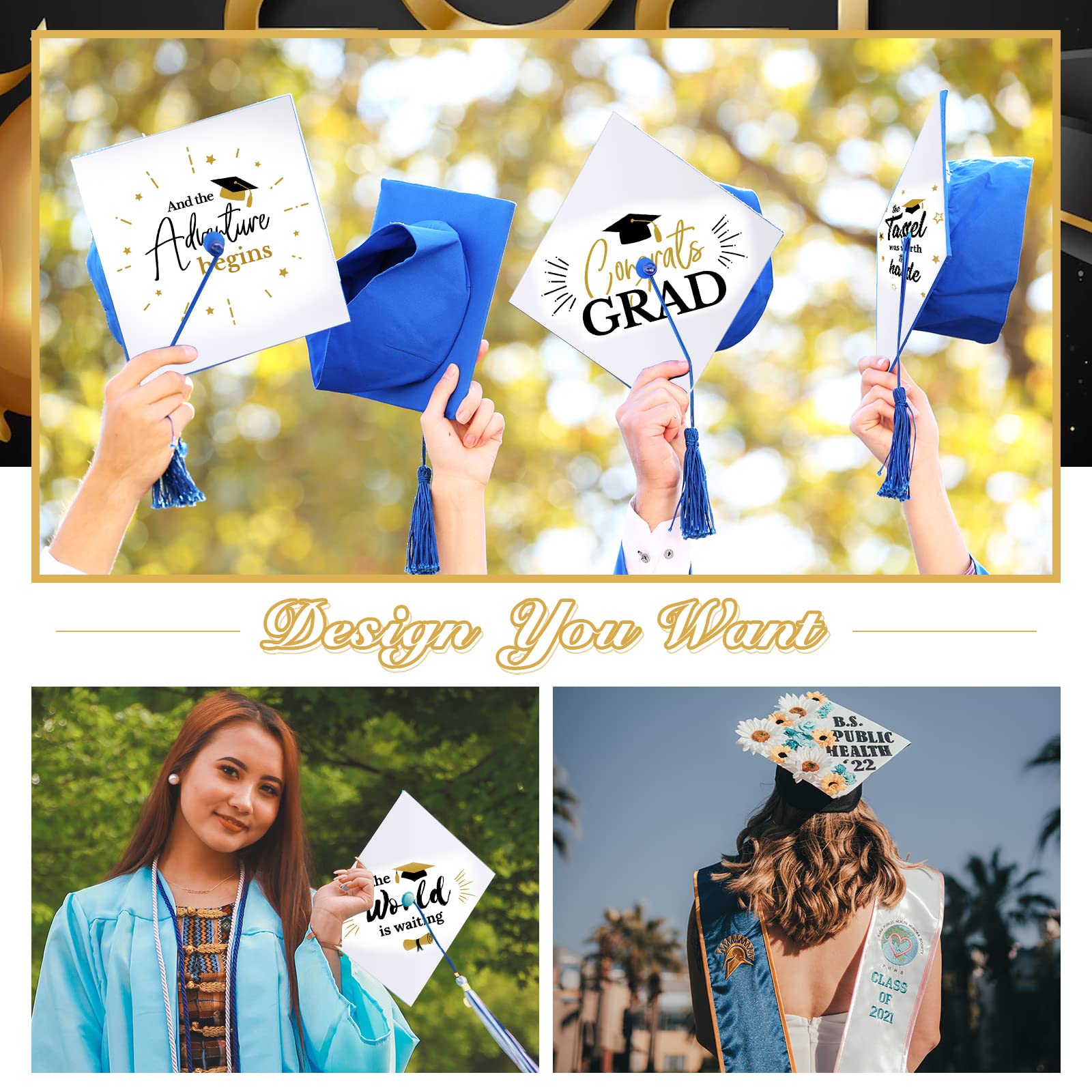 Graduation Cap Topper Blank Sublimation Graduation Cap Topper Sticker White Adhesive Grad Hat Decoration Blank Grad Cap Decals Printable with Inkjet or Laser Printers for Graduation Party (30 Pcs)