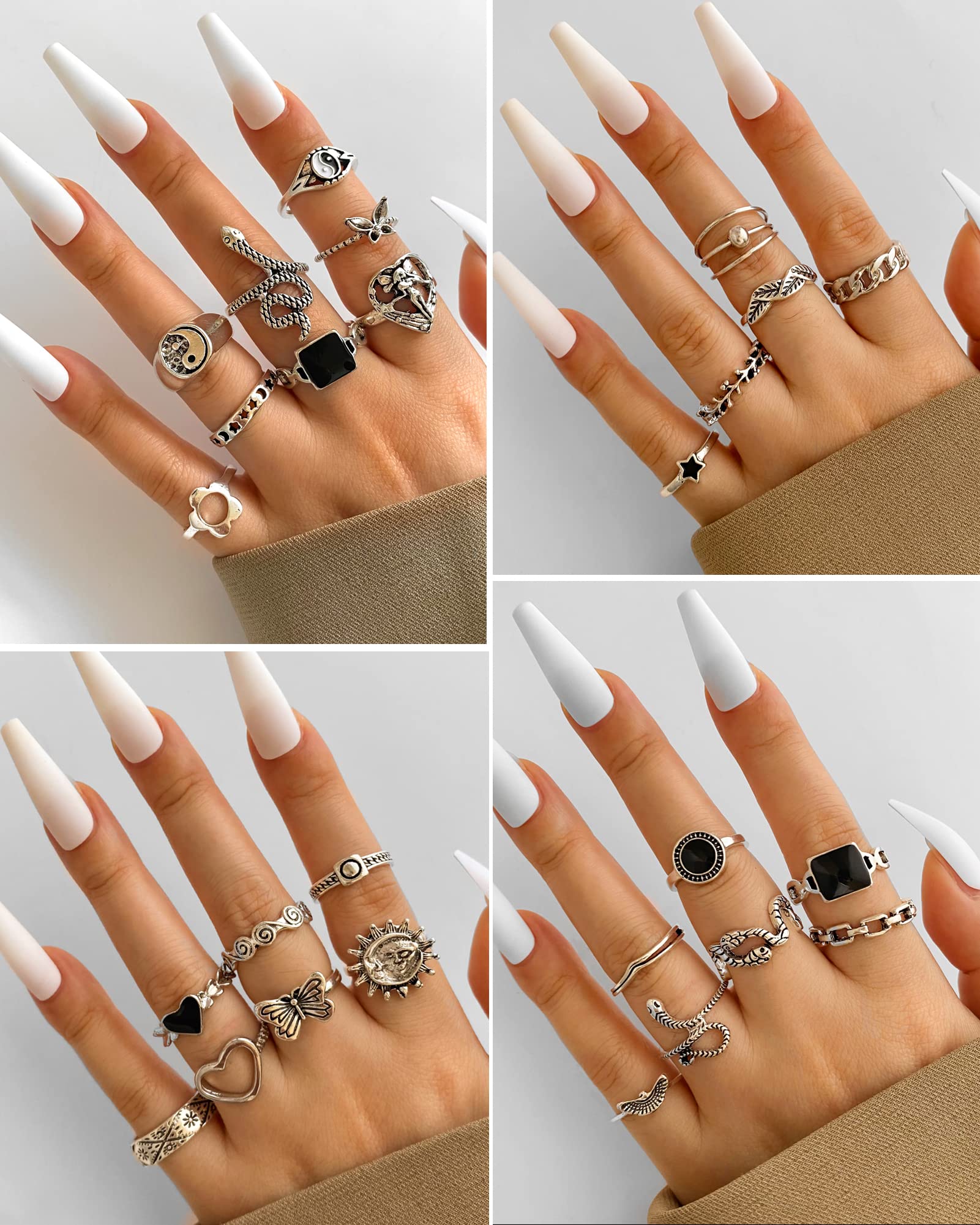 FAXHION 75 Pcs Vintage Silver Knuckle Rings Set for Women, Y2K Stackable Joint Finger Rings, Boho Butterfly Snake Aesthetic Stacking Midi Rings Pack