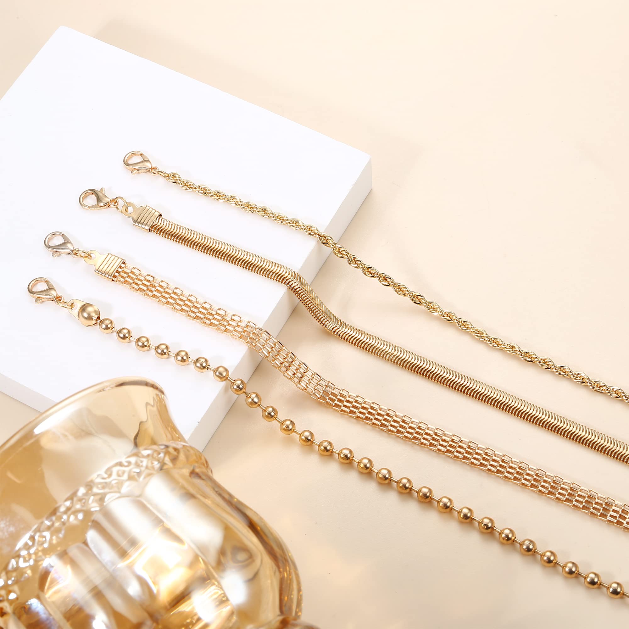 Fansilver 12Pcs Gold Women 14K Gold Plated Boho Stackable Bracelets Paperclip Cuban Cuff Bangle Beaded Layered Link Chain Bracelets Set Gold Tone