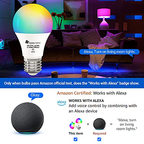 CT CAPETRONIX Smart WiFi LED Light Bulbs, Work with Alexa Echo Dot, Google Home(No Hub Required), RGBW Color Changing Light Bulbs, A19 E26, 8W 800Lumens, Equivalent 60W, Dimmable, 2.4Ghz only, 3 Pack