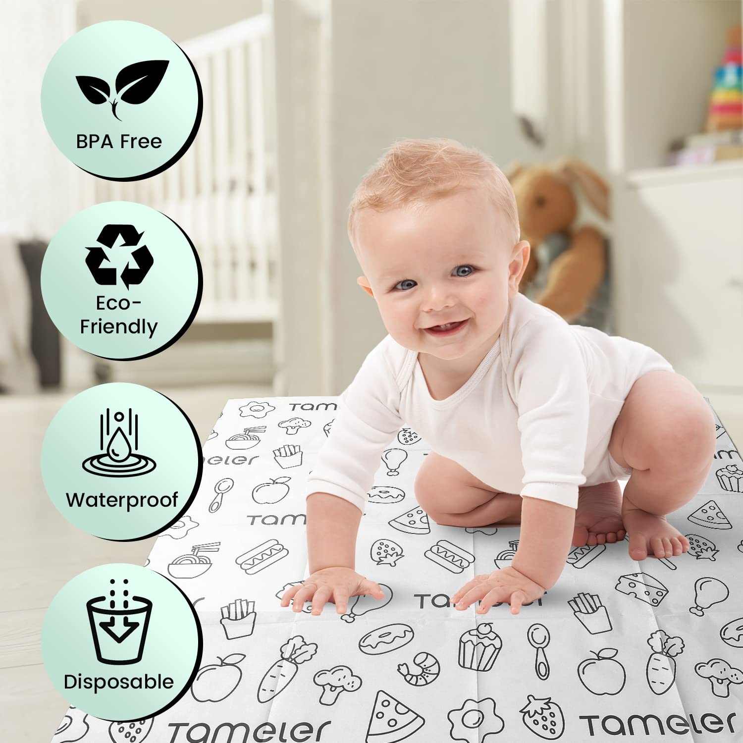 Disposable Splat Mat for Under High Chair - Tameler 30 Pack 35'' x 43'' High Chair Floor Mats for Babies, Waterproof Splash Mats, Disposable Placemats for Home & Restaurant, Baby Led Weaning Supplies