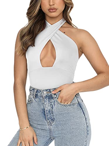 REORIA Women's Sexy Criss Cross Halter Neck Sleeveless Party Club Night Going Out Thong Bodysuits Tops White X-Large