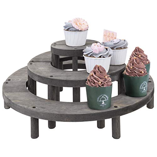 MyGift 3-Tier Cupcake Stand, Vintage Gray Wood Semi Circle Dessert and Retail Display Stand, Set of 2