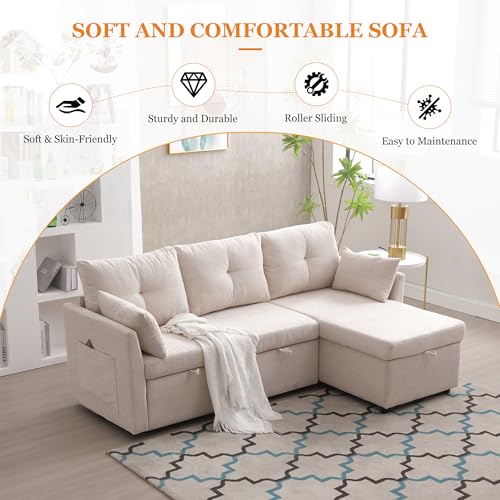 KYLE & KAY Convertible Sleeper Sofa Bed, L-Shaped Sectional Couch with Storage Chaise, Pull-Out Modular Chenille Sofa Bed for Small Apartments,Living Room and Office, Beige