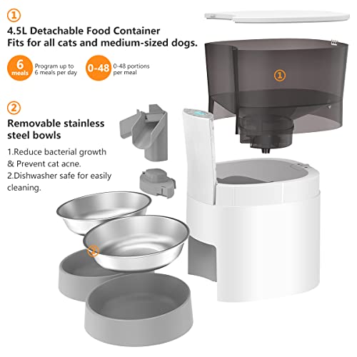 HoneyGuaridan Automatic Cat Feeder for 2 Cats&Dog, Pet Food Dispenser Timed Cat Feeder, Portion Control, Distribution Alarms and Voice Recorder 1-6 Meals per Day - 2 Stainless Steel Bowl