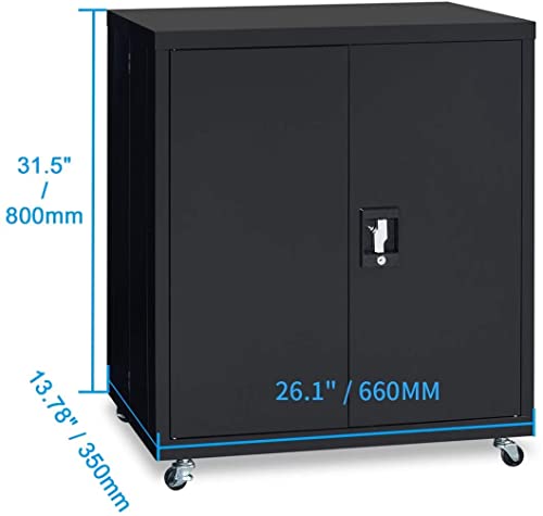 FFFYUN Metal Storage Cabinet with Wheels,Locking Cabinet with 1 Adjustable Shelf, Small Steel Storage Cabinet for Office,Home,Garage,Kitchen,Classroom,Black