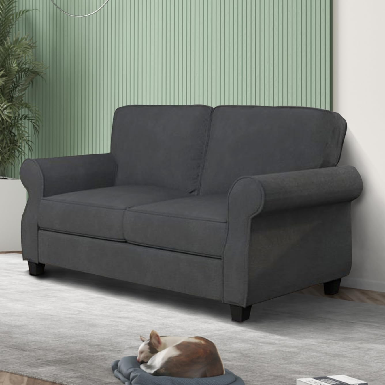 KYLE & KAY Modern 2 Seater Sofa Couch, Upholstered Small Sofa with Solid Wood Frame, Sectional Love Seat Couch for Living Room, Bedroom, Office, Apartment, Dark Gray
