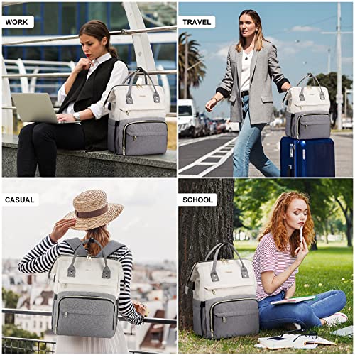 LOVEVOOK Laptop Backpack Purse for Women, 17 Inch Computer Business Stylish Backpacks, Doctor Nurse Bags for Work, Casual Daypack Backpack with USB Port, White-Grey